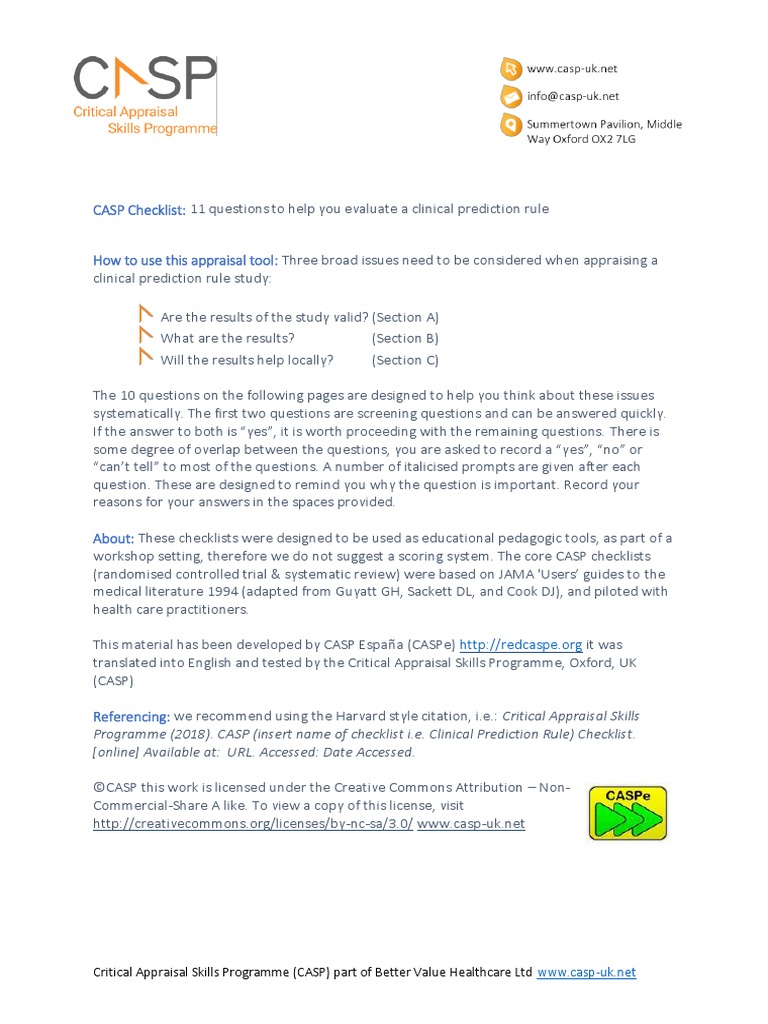 CASP Clinical Prediction Rule Checklist Download | PDF | Sensitivity ...