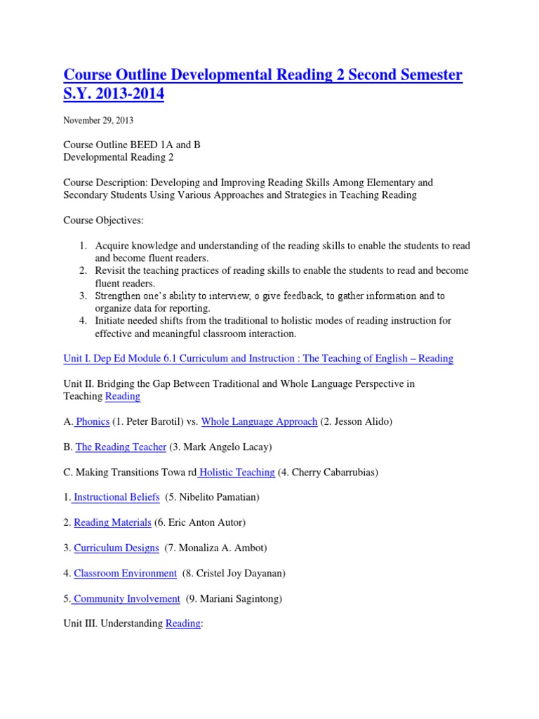 Course Outline Developmental Reading 2 Second Semester S | PDF ...