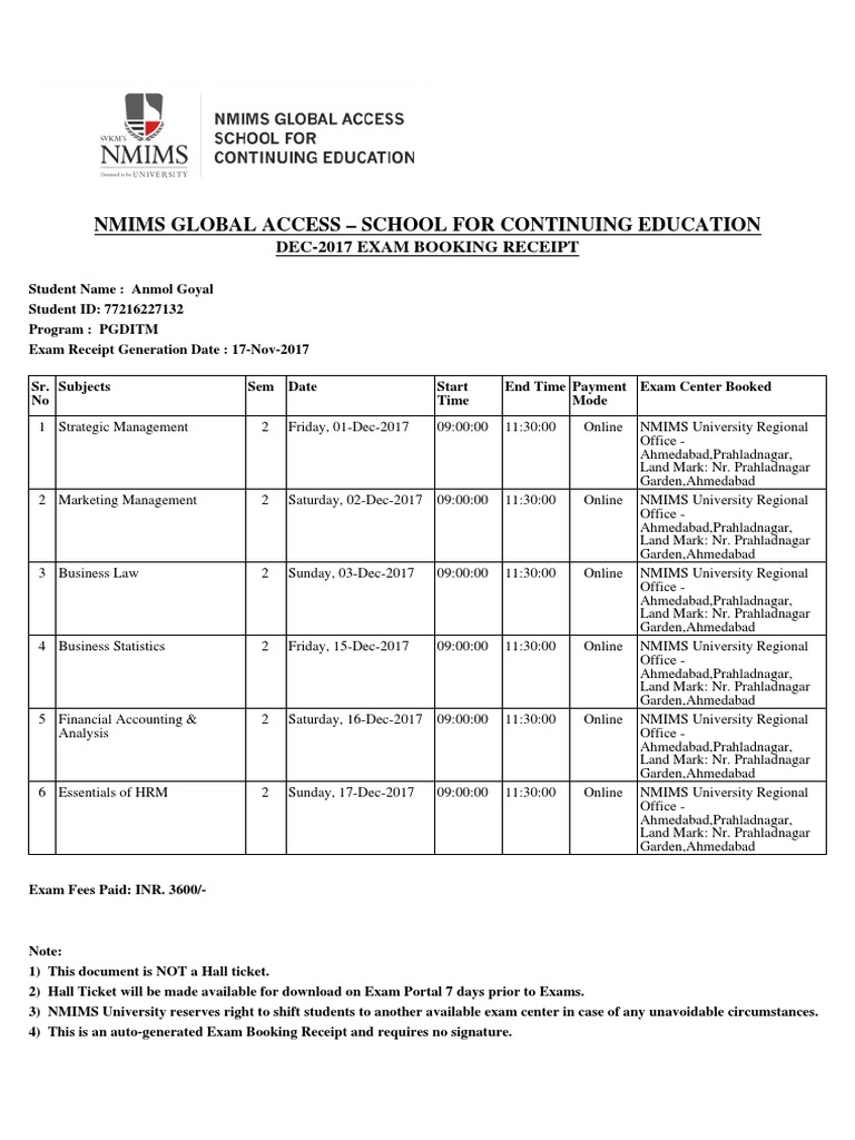Nmims Global Access - School For Continuing Education: Dec-2017 Exam Booking Receipt | PDF ...