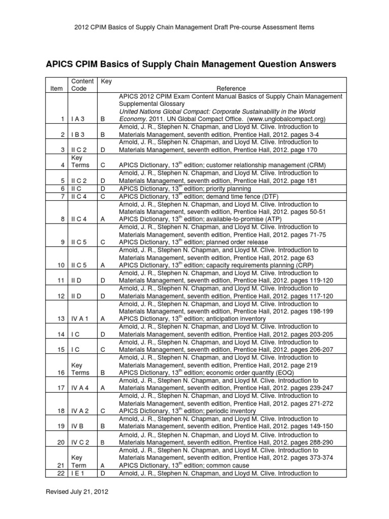 APICS CPIM Basics of Supply Chain Management Question Answers | PDF ...