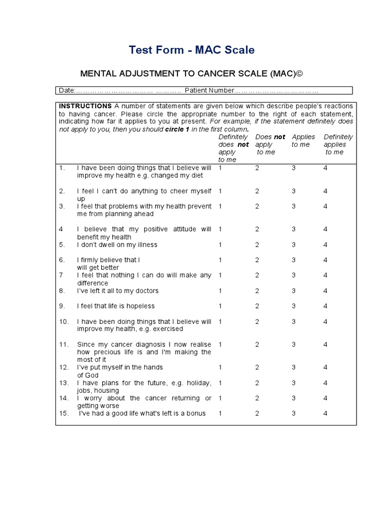 Test Form - MAC Scale | Download Free PDF | Clinical Medicine ...
