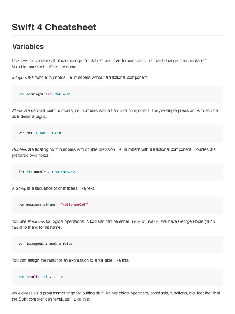 Swift 4 Cheatsheet Pdf Parameter Computer Programming Inheritance Object Oriented 1496