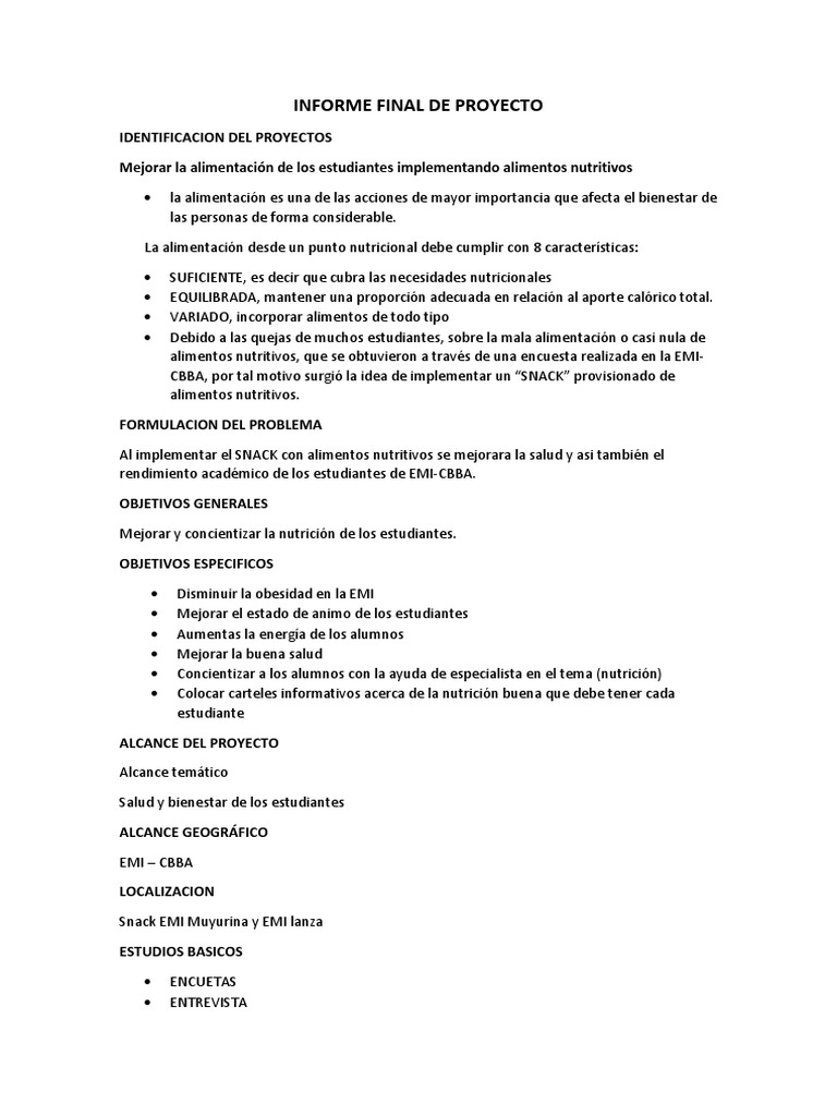 Informe Final de Proyecto | PDF | Nutrición | Dieta y nutrición