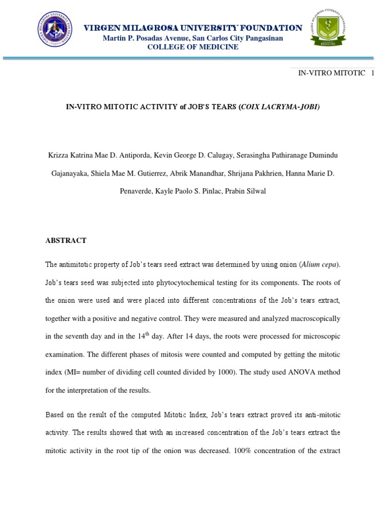 In Vitro Mitotic Inhibition of Job's Tears | PDF | Mitosis | Cell Biology