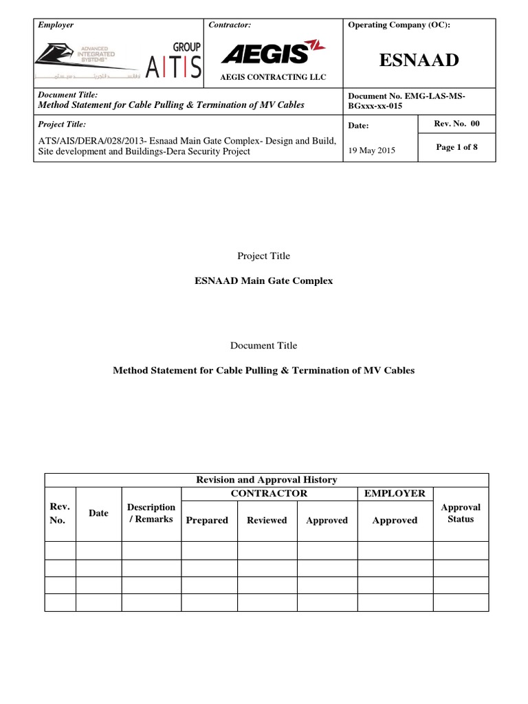 MV Cable Pulling and Installation Method Statement | PDF | Electromagnetism | Electrical Engineering