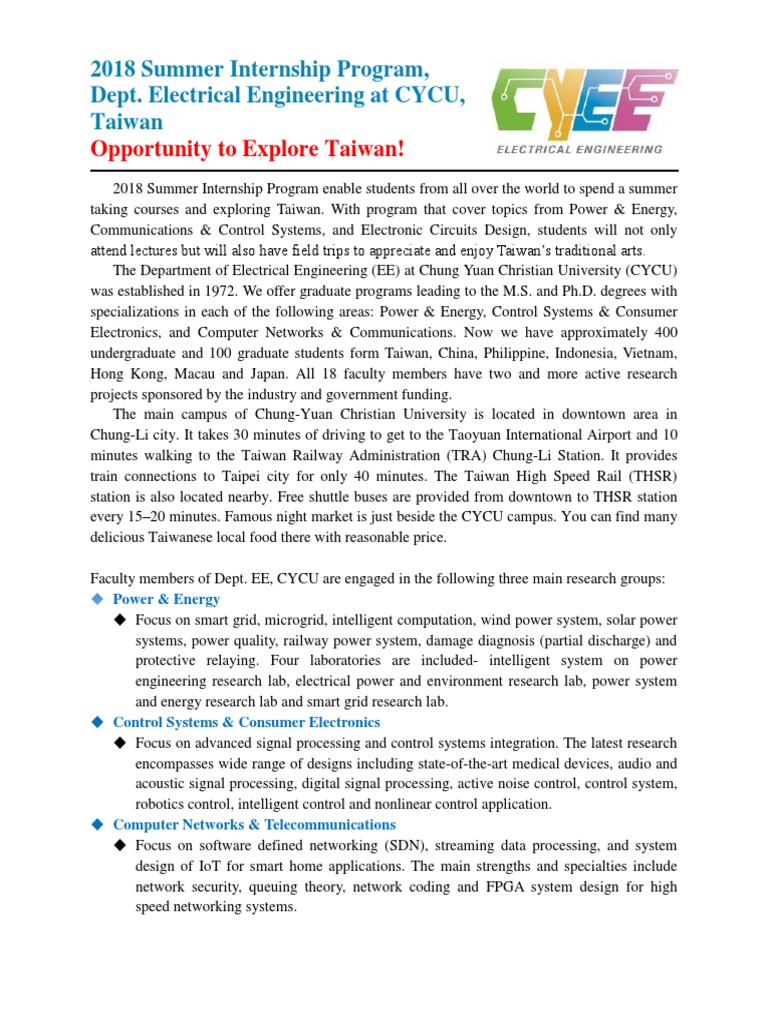 Opportunity To Explore Taiwan!: 2018 Summer Internship Program, Dept ...