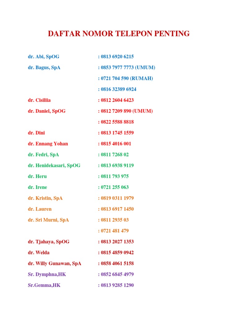 Daftar Nomor Telepon Penting Dokter | PDF
