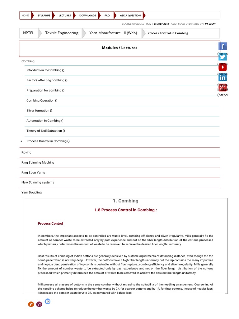 Modules / Lectures: 1. Combing | PDF | Spinning (Textiles) | Clothing Industry