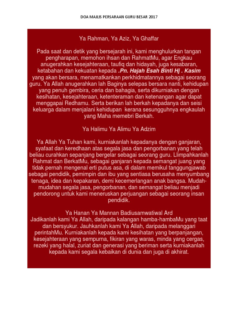 Doa Majlis Persaraan Guru Besar 2017 | PDF | Agama & Spiritualitas ...