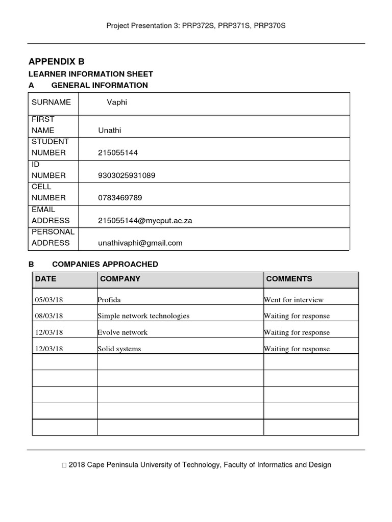 Appendix B: Learner Information Sheet A General Information | PDF