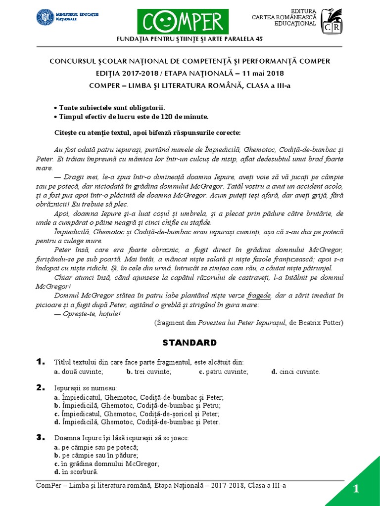 ComPer Română Clasa 3 - Etapa Națională | PDF