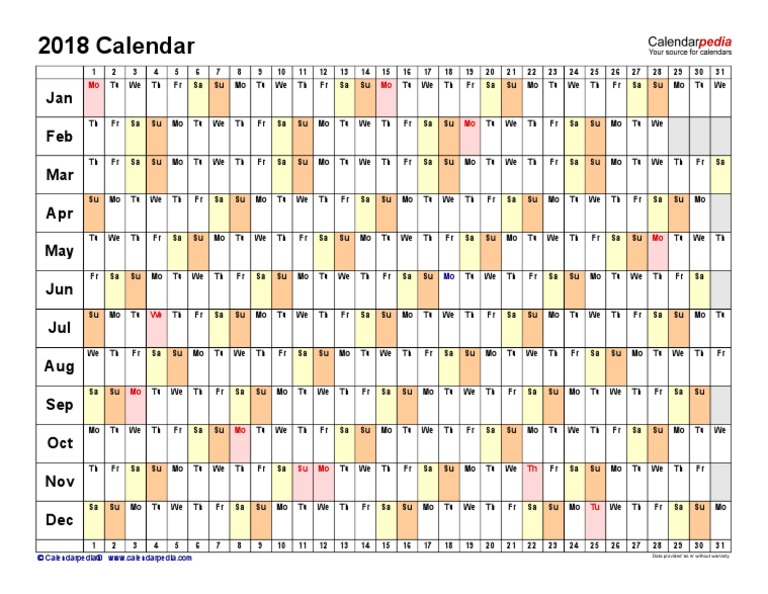 2018 Calendar Landscape Linear | PDF
