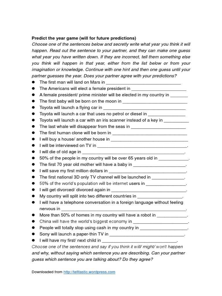 Predict The Year Game (Will For Future Predictions) : Downloaded From | PDF