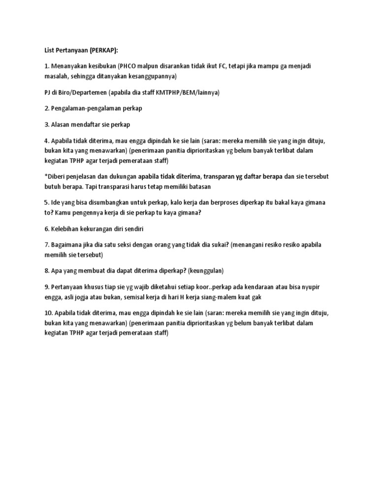 List Pertanyaan Wawancara Perkap | PDF