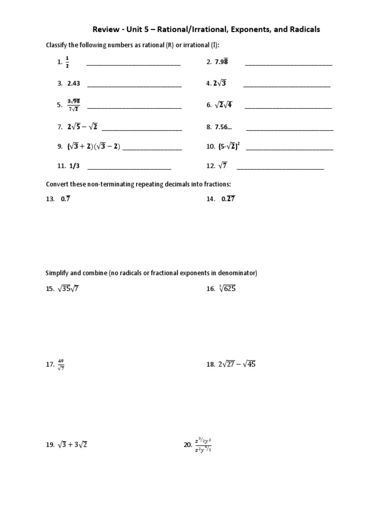 Unit 5 Review 1718 - Rational and Irrational Numbers Exponents and ...