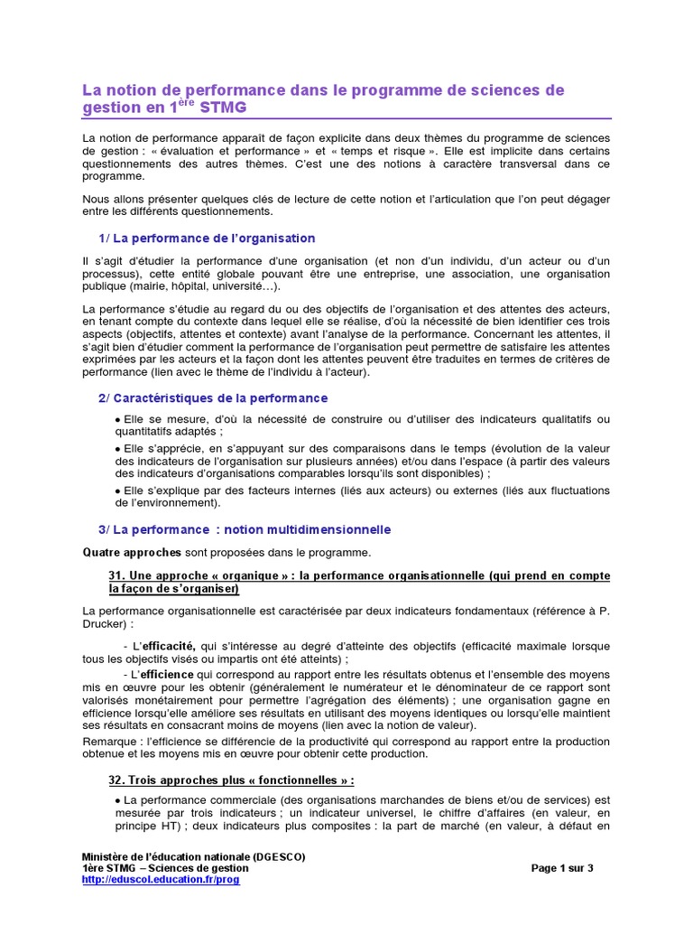 La Notion de Performance Dans Le Programme de Sciences de Gestion en 1 ...