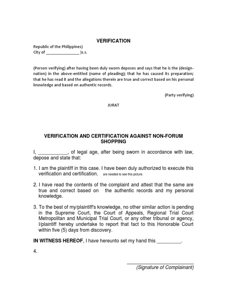 Verification and Certification Against Forum Shopping Document for a ...