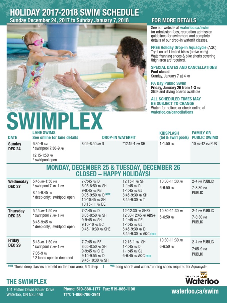 2017-2018 Holiday Swim Schedule for the SWIMPLEX in Waterloo, Ontario ...