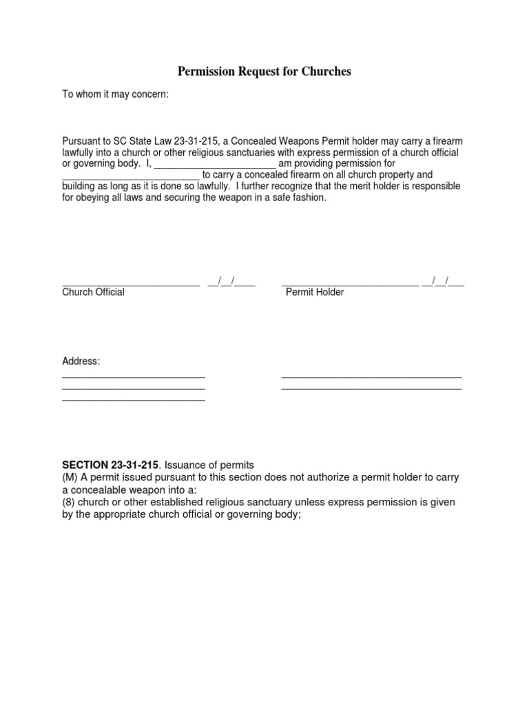 Church Concealed Carry Permission Form | PDF