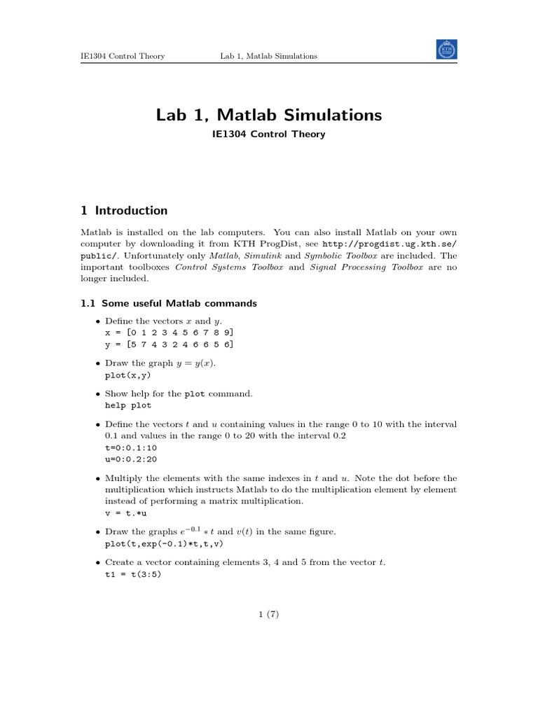 Lab 1, Matlab Simulations: IE1304 Control Theory | PDF | Matlab | Matrix (Mathematics)