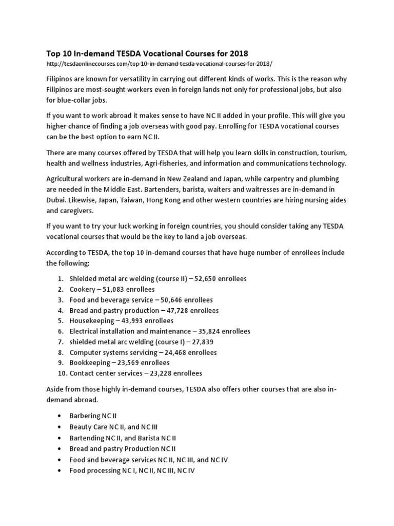 Top 10 Indemand TESDA Courses | PDF | Business