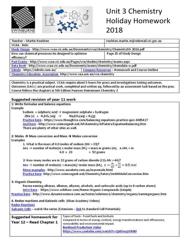 Chemistry Holiday Homework 2018 | Download Free PDF | Chemical ...