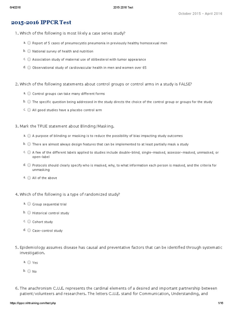2015 2016 IPPCR Test: October 2015 - April 2016 | PDF | Clinical Trial ...