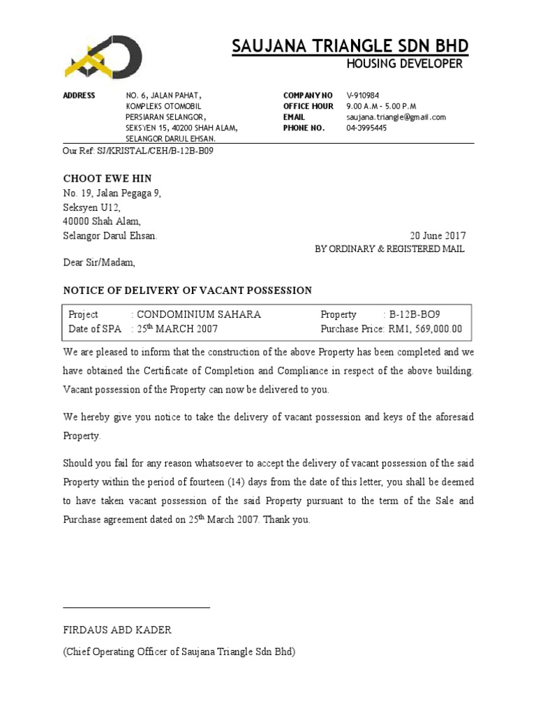 Notice of Delivery of Vacant Possession | PDF
