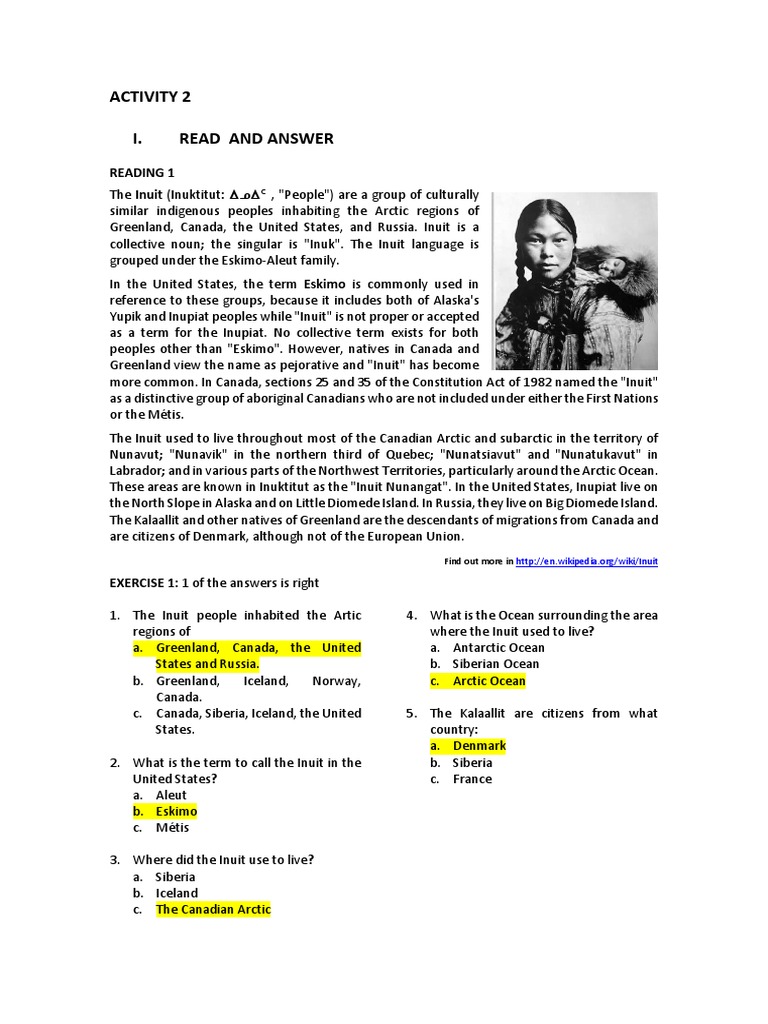 Activity 2 I. Read and Answer: Reading 1 | PDF | Inuit | Indigenous ...