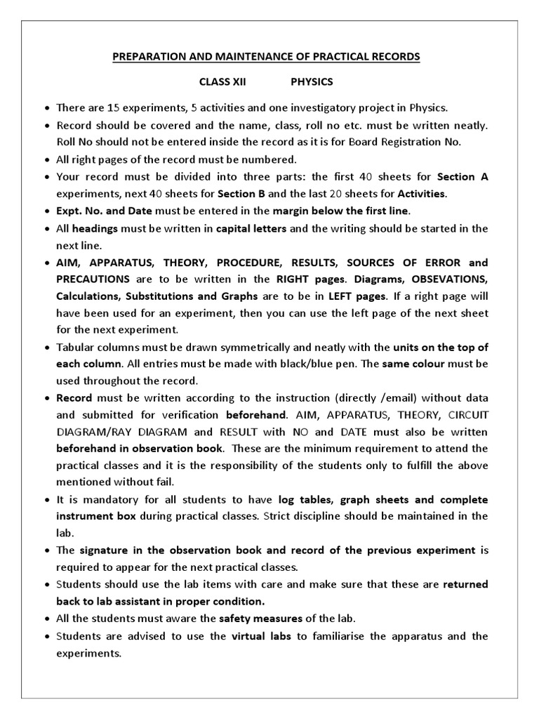 Practical Record Guidelines for Class XII | PDF