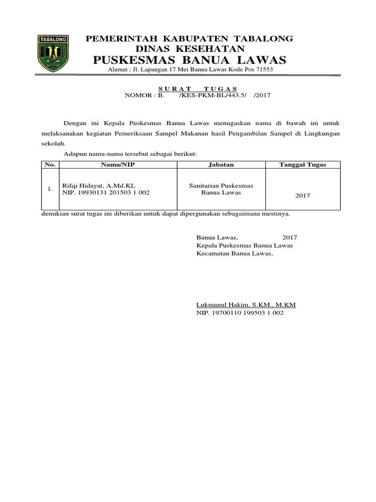 Surat Tugas Pemeriksaan Sampel Makanan | PDF