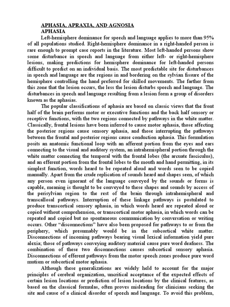 Aphasia, Apraxia, and Agnosia Aphasia | PDF | Aphasia | Speech