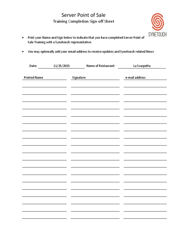 Training Completion Sign Off Sheet (Servers)