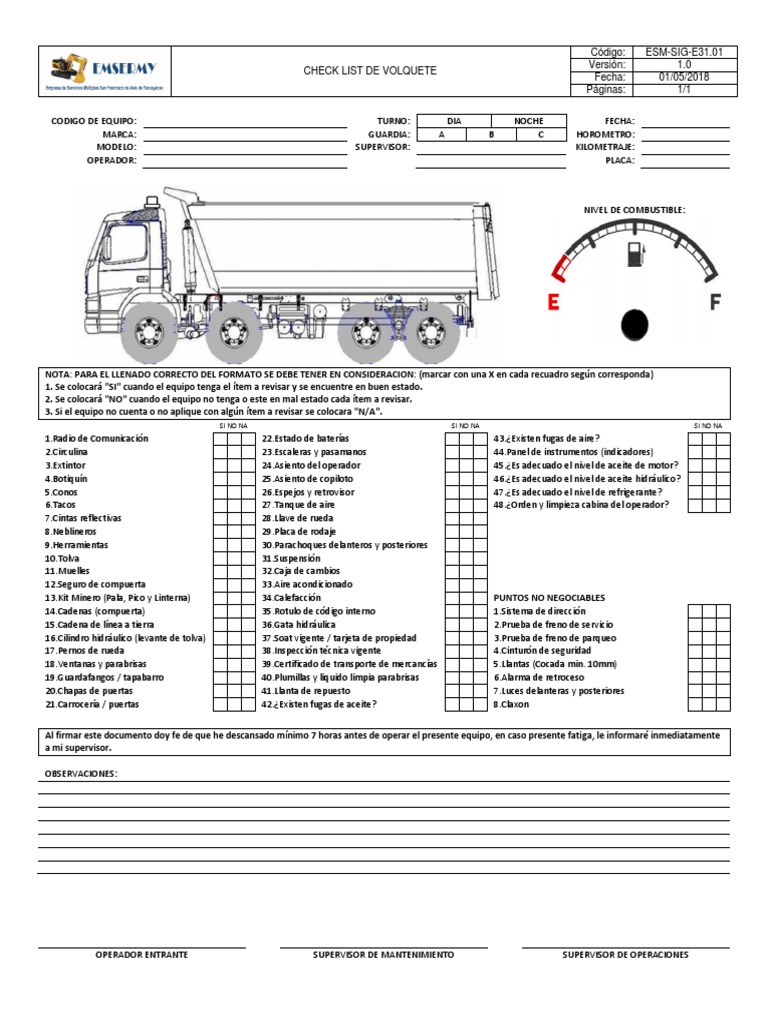 Check List para Operadores de Volquete | PDF | Vehículos de ruedas | Coche