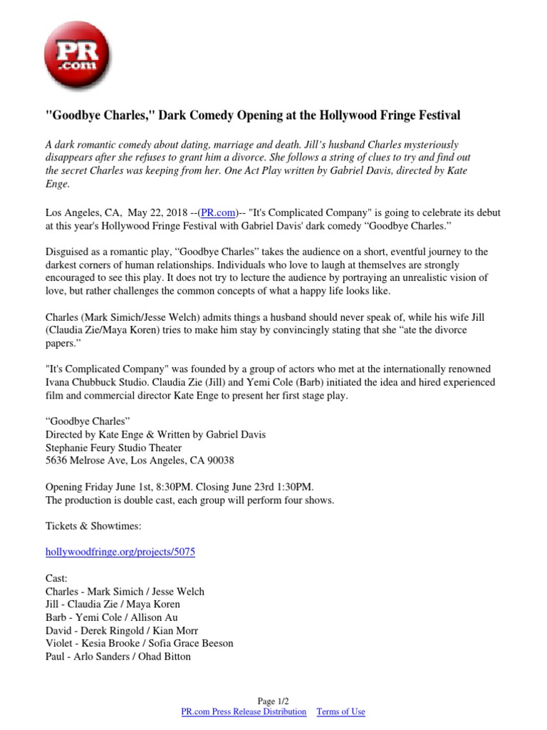 Dark Comedy "Goodbye Charles" Debuts at Hollywood Fringe | PDF | Leisure