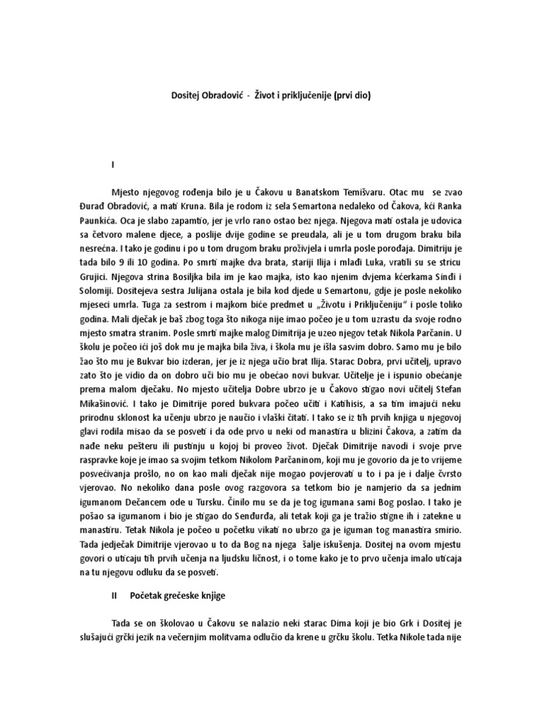 Dositej Obradović - Život I Priključenije (Prvi Dio) | PDF
