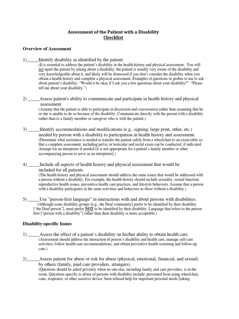 Assessment of PWD Checklist Rev 7-19-17 | PDF | Disability | Health Care