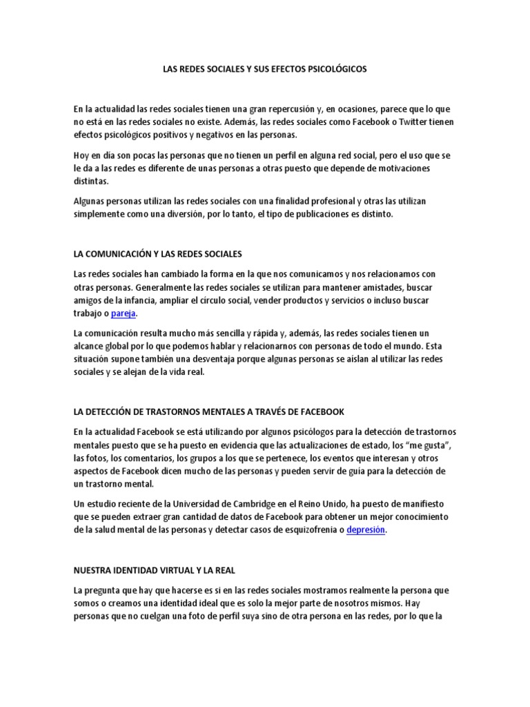 Las Redes Sociales y Sus Efectos Psicológicos | PDF | Red social | Facebook