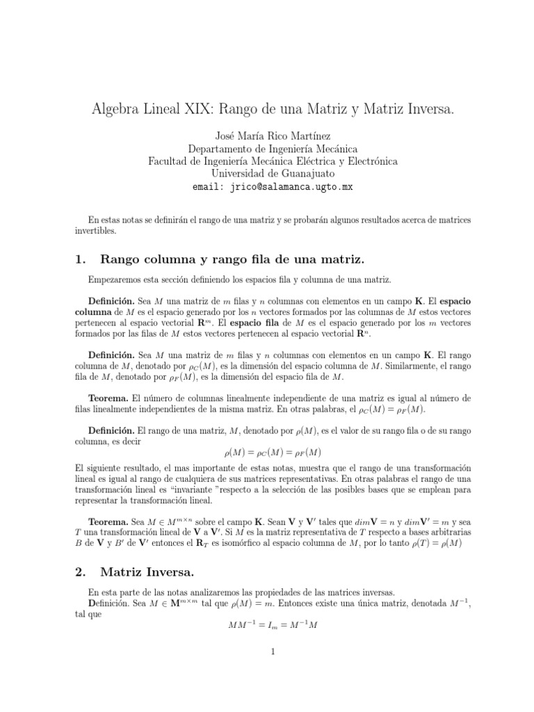 Algebra Lineal XIX: Rango de Una Matriz y Matriz Inversa | PDF | Mapa ... Algebra Lineal XIX: Rango de Una Matriz y Matriz Inversa | PDF | Mapa ...