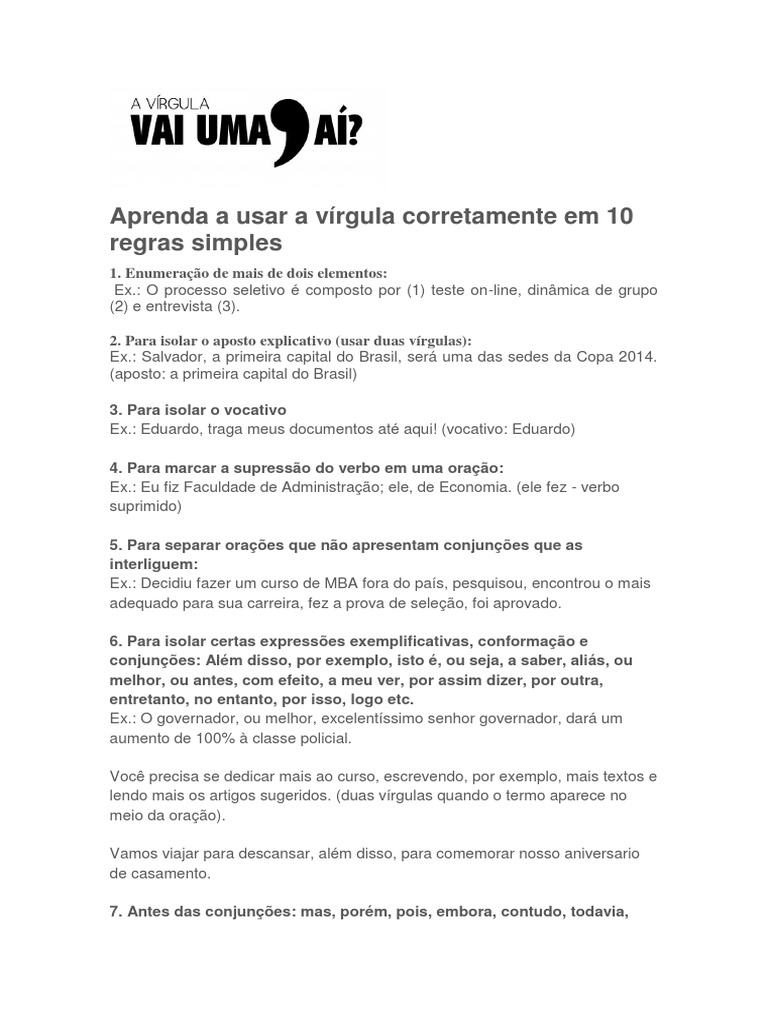 Aprenda A Usar A Vírgula Corretamente em 10 Regras Simples | PDF ...