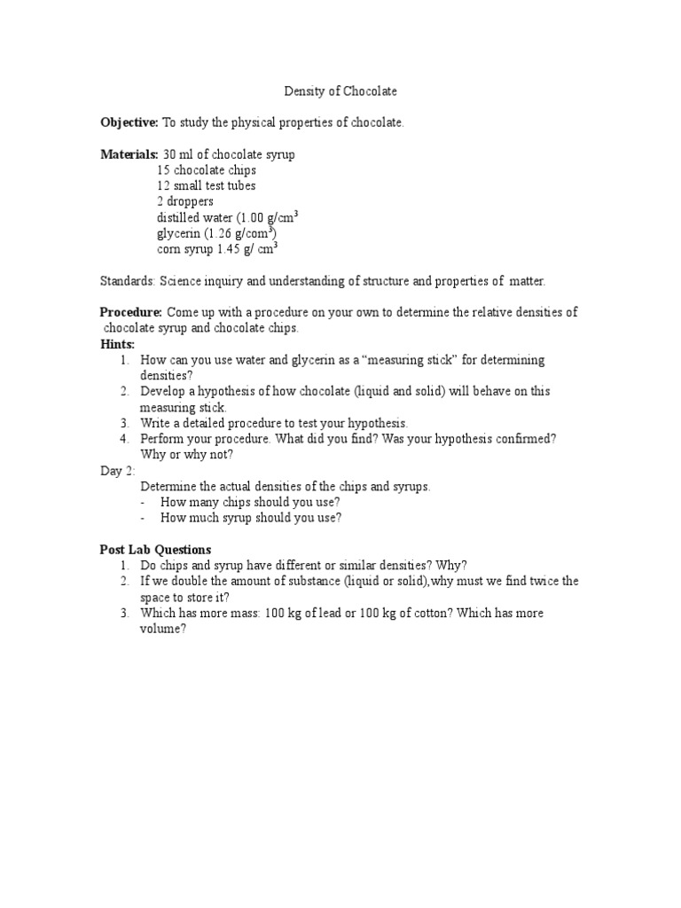 Density of chocolate experiment | PDF