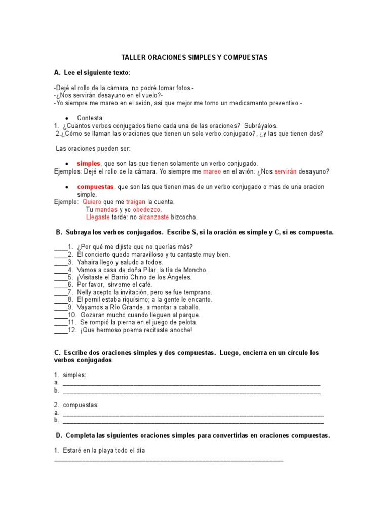 Taller Oraciones Simples y Compuestas | Verbo | Oración (Lingüística)