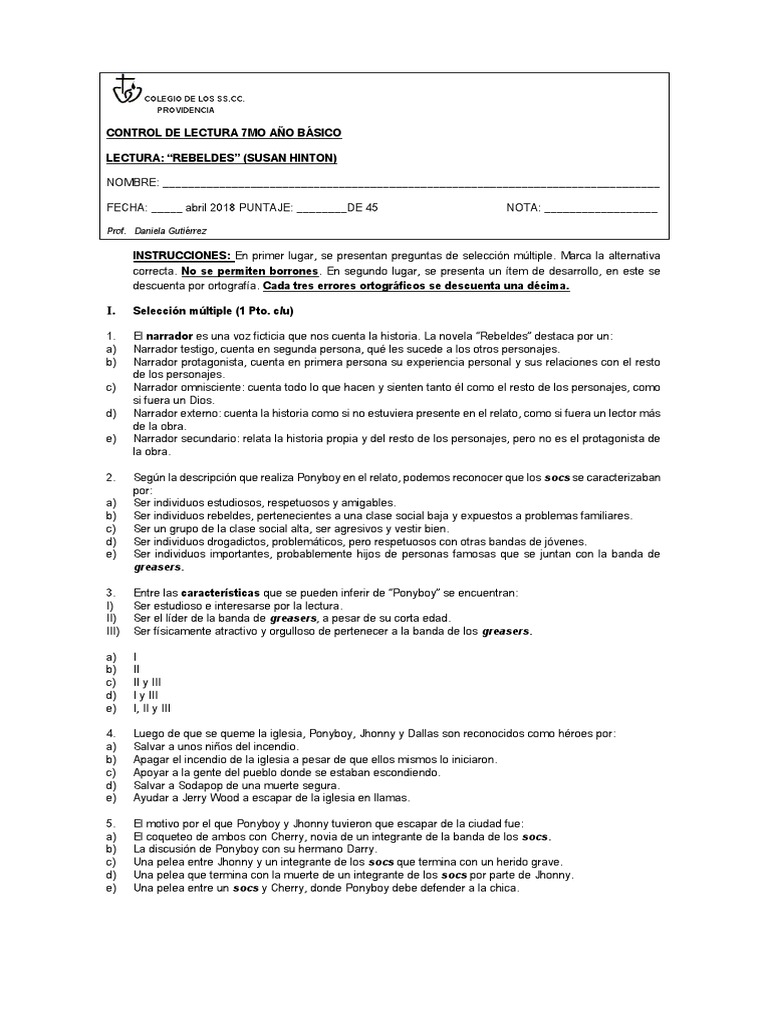 Control de Lectura "Rebeldes" 7mo Básico | PDF | Narración