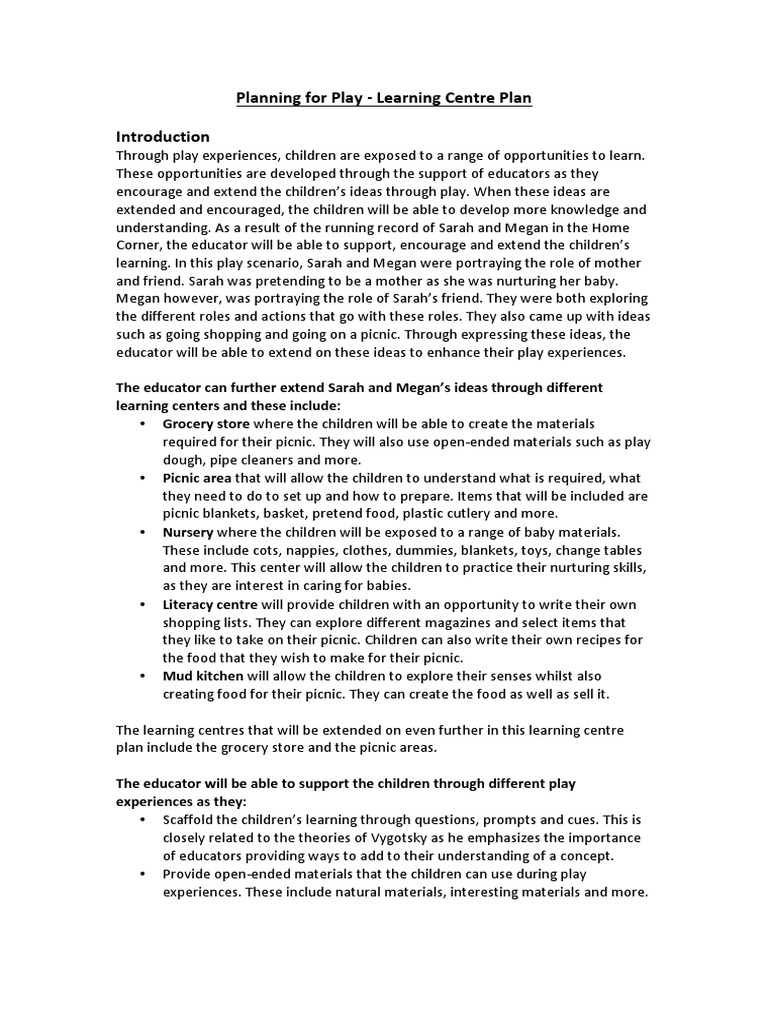 Planning For Play - Learning Centre Plan | Download Free PDF | Question ...