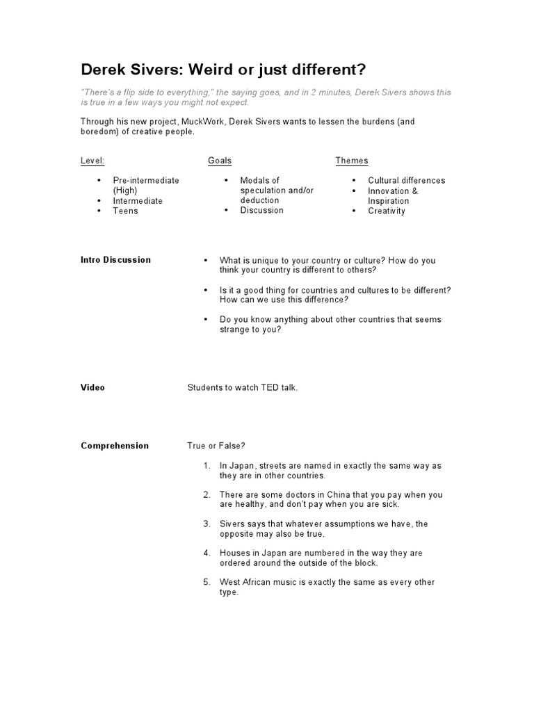 Lesson Plan Derek Sivers Weird or Just Different PDF | PDF