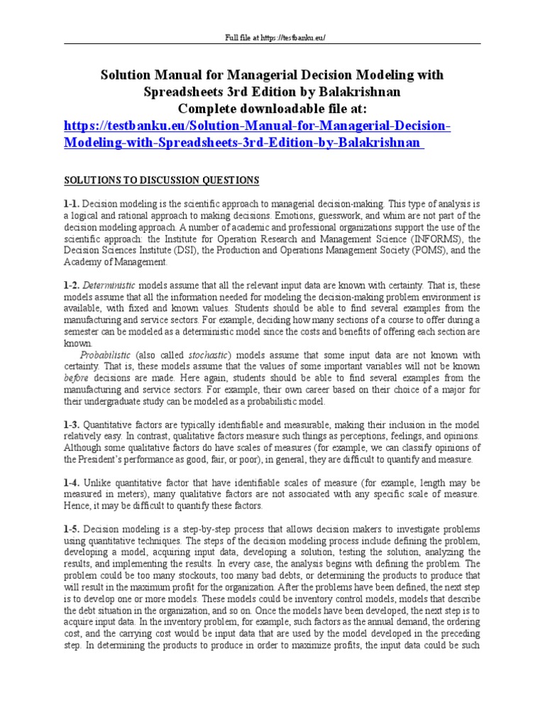 Solution Manual For Managerial Decision Modeling With Spreadsheets 3rd Edition by Balakrishnan ...