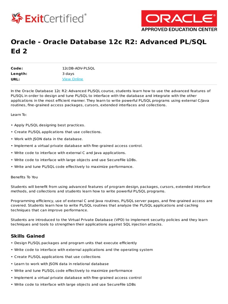 Oracle Database 12c r2 Advanced PLSQL Ed 2 | PDF | Pl/Sql | Sql