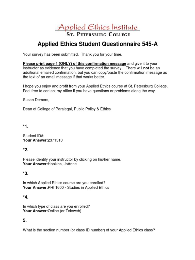 Applied Ethics Student Survey Completion | PDF | Course Credit | Taxes