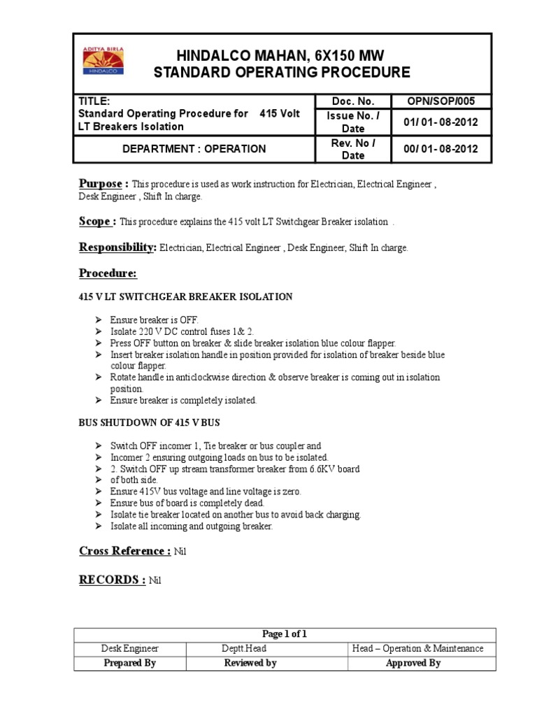 5-415 V LT Breakers Isolation Procedure | PDF