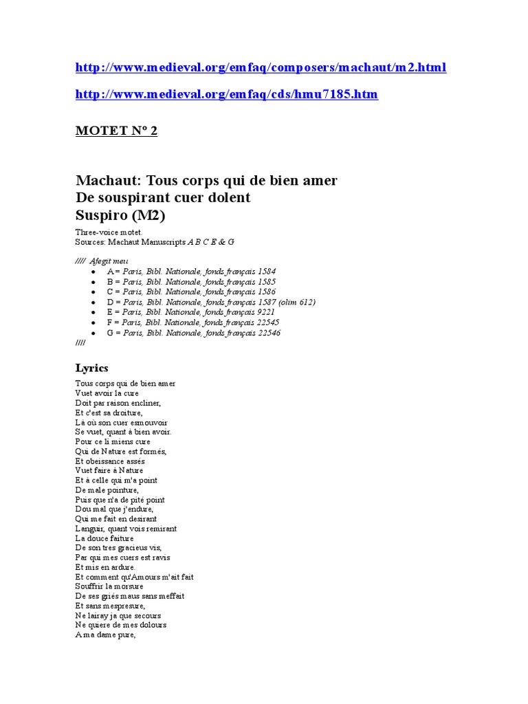 Motet de Machaut: Tous corps qui vuet | PDF | Poésie